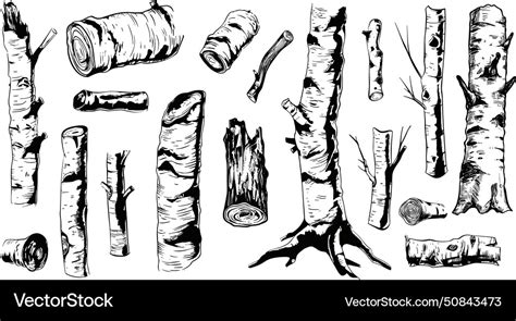 Black Birch Trunk Set Isolated Sketch Trees Vector Image