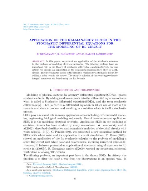 Pdf Application Of The Kalman Bucy Filter In The Sdes For The Modeling Of Rl Circuit