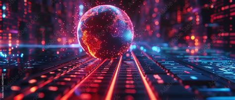 Digital Globe Above A Keyboard Glowing Red And Blue Data Streams