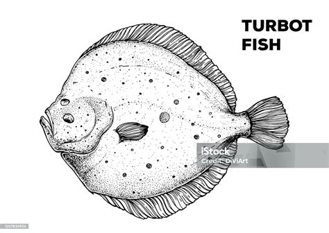 터봇 물고기 스케치 손으로 그린 벡터 그림 포장해산물 디자인 요소 각인된 스타일 일러스트레이션입니다 포장 설계에 사용할 수 있습니다 플로운더 피쉬 라벨 가자미에 대한 스톡
