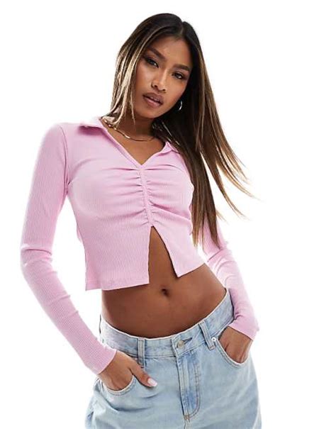 Asos Design Long Sleeve Ribbed Top With Ruched Front And Collar Detail