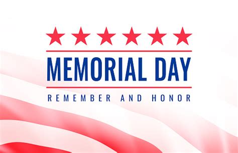 현충일 포스터를 기억하고 기립니다 미국 현충일 축하 미국 국경일 빨간색 별 파란색 텍스트 및 흰색에 흔들리는 미국 국기가 있는