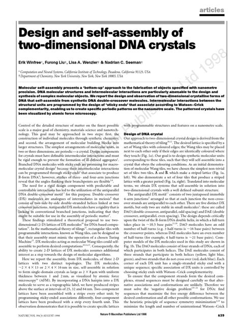 Winfree E Et Al Design And Self Assembly Of Two Dimensional Dna Crystals Nature Download