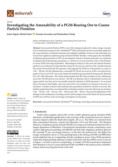 Pdf Minerals Investigating The Amenability Of A Pgm Bearing Ore To Coarse Particle Flotation