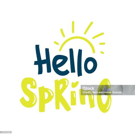 안녕하세요 봄 문자 서예 엽서 또는 포스터 그래픽 디자인 레터링 요소입니다 손으로 쓴 서예 스타일 봄 엽서 간단한 벡터 브러쉬 서예 개념에 대한 스톡 벡터 아트 및 기타