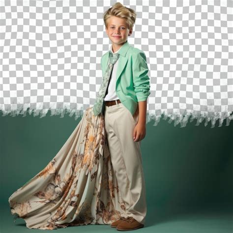 오스트레일리아 원주민 인종의 금발 머리카락을 가진 방어적 인 어린이 소년은 소매 판매자 의상을 입고 파스텔 그린 바에 대항하여 전체 길이와 흐르는 드레스 스타일로 포즈를