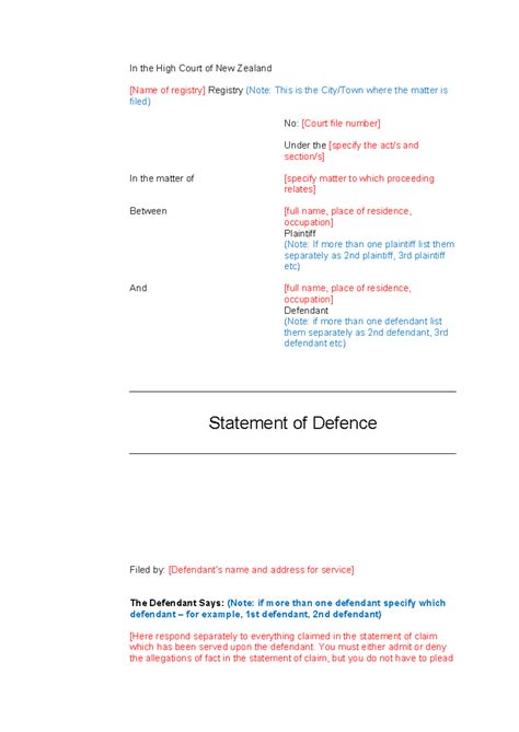 Statement Of Defence Template In The High Court Of New Zealand Name
