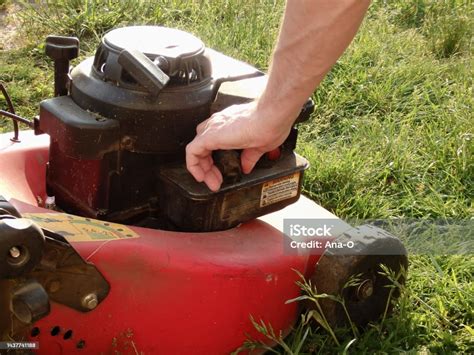 잔디 깎기 한 남자가 잔디 깎는 기계에 휘발유를 채 웁니다 가솔린 잔디 깎는 기계에 연료 탱크 보충 가솔린에 대한 스톡 사진 및 기타 이미지 Istock