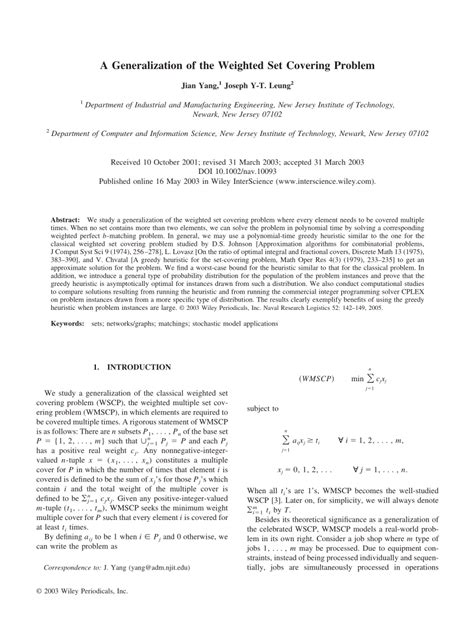 Pdf A Generalization Of The Weighted Set Covering Problem