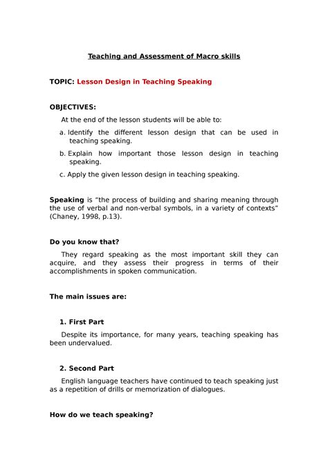 Lesson Design In Teaching Speaking Teaching And Assessment Of Macro Skills Topic Lesson