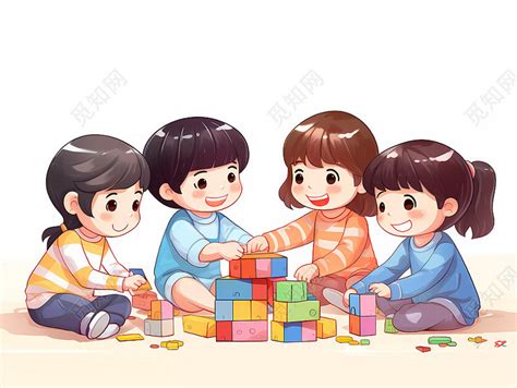 招生教育培训卡通人物白底幼儿园小朋友玩积木做手工元素ai绘画 觅知网