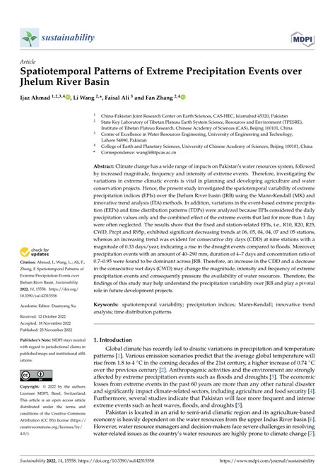 Pdf Spatiotemporal Patterns Of Extreme Precipitation Events Over Jhelum River Basin
