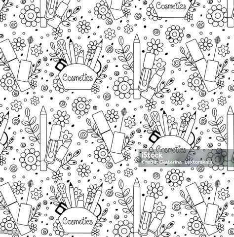 꽃 낙서 스케치 완벽 한 패턴으로 메이크업 벡터 그래픽 라인 그림입니다 흑인과 백인 화장품 메이크업 예술 패션 그래픽 섬유 인쇄