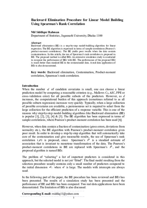 Doc Backward Elimination Procedure For Linear Model Building Using