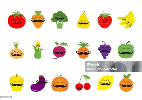 과일 베리 야채 콧수염 얼굴 아이콘 세트입니다 배 딸기 바나나 파인애플 포도 사과 체리 레몬 오렌지 후추 토마토 당근 브로콜리 양파 달콤한 옥수수 사탕무 가지 오베르진 호박
