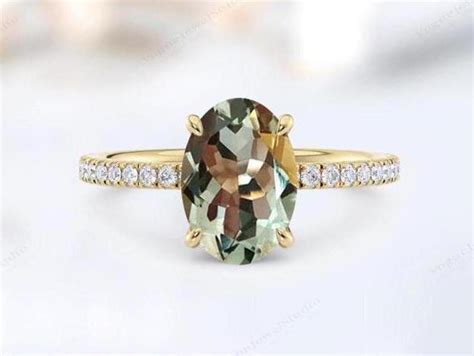 Green Amethyst Engagement Ring For Women 14k Gold Green Amethyst Hidden