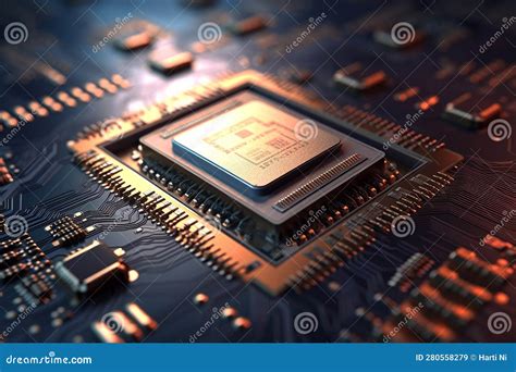Computer Processor Electronic Technology With Chip On Motherboard And Circuit Connection Stock