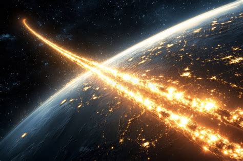 A Long Glowing Bridge Connecting Two Planets Stretching Across The Vastness Of Space Stock