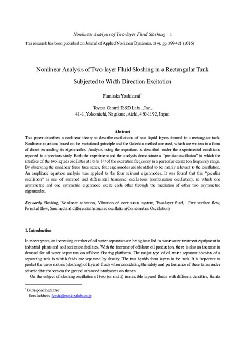 Pdf Nonlinear Analysis Of Two Layer Fluid Sloshing Dynamics