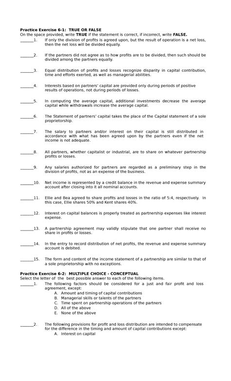 Practice Exercise 6 Partnership Operation Practice Exercise 6 1 True Or False On The Space