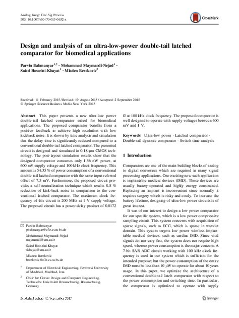 Pdf Design And Analysis Of An Ultra Low Power Double Tail Latched Comparator For Biomedical