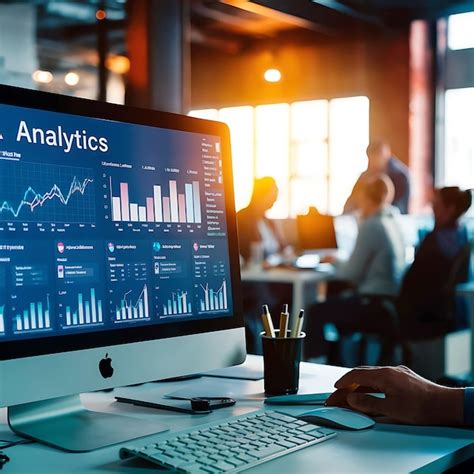 Modern Office Analytics Dashboard With Data Trends And Charts On Computer Screen Premium Ai