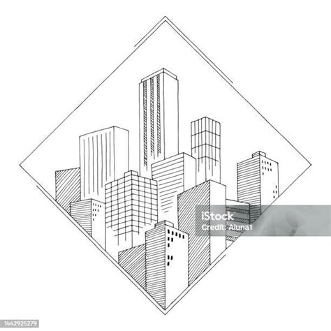 도시 그래픽 블랙 화이트 도시 스카이 라인 스케치 다이아몬드 프레임 그림 벡터 거리에 대한 스톡 벡터 아트 및 기타 이미지