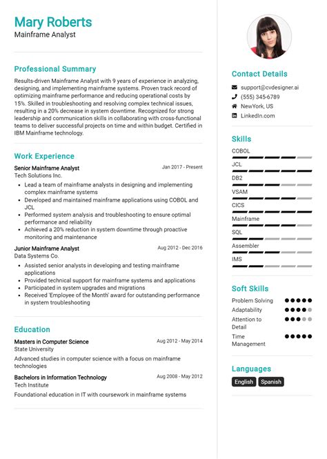 Mainframe Analyst Resume Example For 2025 Best Tips Cvdesigner Ai