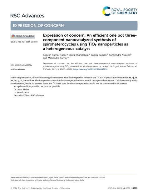 Pdf Expression Of Concern An Efficient One Pot Three Component Nanocatalyzed Synthesis Of