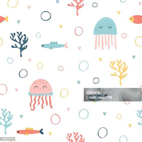 귀여운 손으로 그린 물고기와 해파리 낙서 스타일에 유치 한 완벽 한 패턴입니다 트렌디한 보육 배경입니다 아이 직물 질감 귀여운에 대한 스톡 벡터 아트 및 기타 이미지