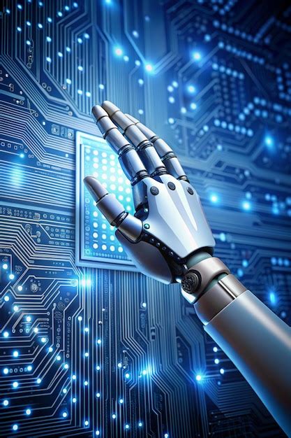 Machine Learning Hand Robot Touching Computer Chip And Binary Data