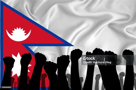 네팔 국기의 배경에 제기 팔과 꽉 주먹의 실루엣 권력 갈등의 개념 텍스트에 대한 장소와 함께 3d 렌더링 네팔에 대한 스톡 사진 및 기타 이미지 Istock