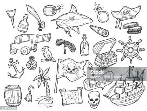 해적 테마 프리 핸드 드로잉 세트 해적의 상징 모자 검 총 보물 상자 배 검은 깃발 유쾌한 로저 엠블럼 두개골과 십자가 나침반 의상 요소 해적에 대한 스톡 벡터 아트 및