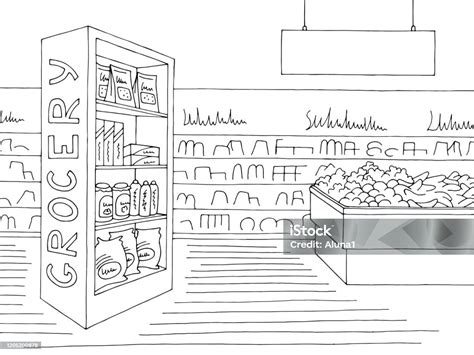 식료품 점 가게 인테리어 블랙 화이트 그래픽 스케치 일러스트 벡터 슈퍼마켓에 대한 스톡 벡터 아트 및 기타 이미지 슈퍼마켓 식료품 라인아트 Istock