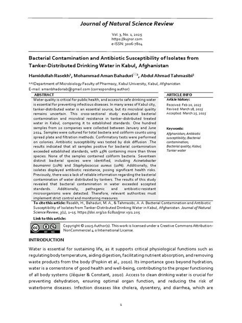 Bacterial Contamination And Antibiotic Susceptibility Hameedullah Rasikh Pdf Drinking Water