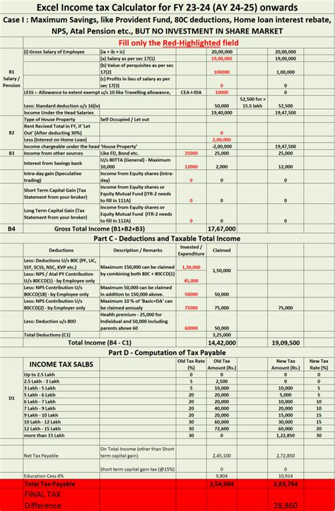 Excel Income Tax Calculator For Fy 2022 23 And Fy 2023 24 With Case