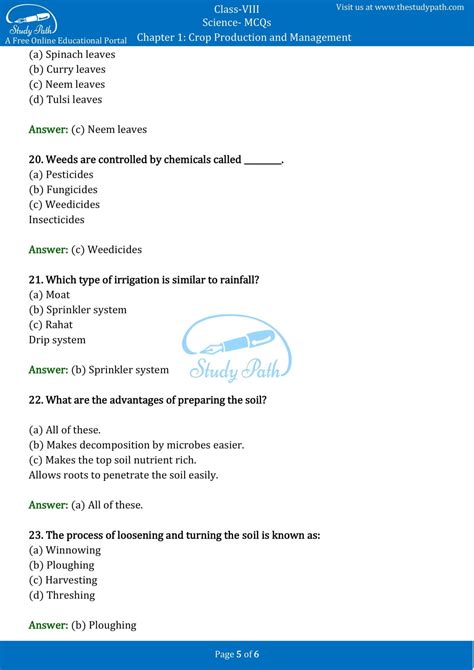 Mcq For Class 8 Science Chapter 1 Crop Production And Management With Answers