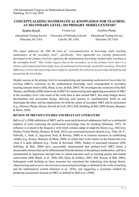 Pdf Conceptualizing Mathematical Knowledge For Teaching At Secondary Level Do Primary Models