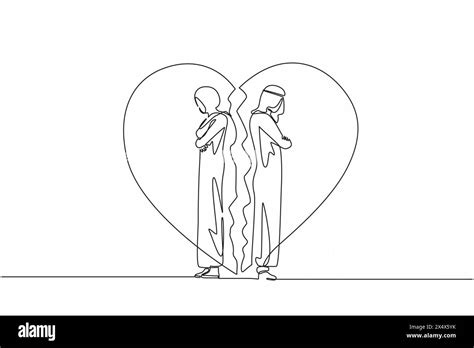 Continuous One Line Drawing Unhappy Arab Couple Standing Arms Crossed