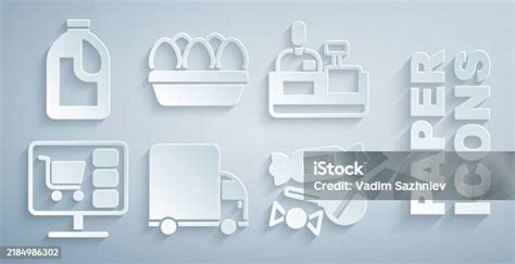세트 배달화물 트럭 금전 등록기에서 계산원 컴퓨터의 쇼핑 카트 사탕 닭고기 달걀 상자 및 청소 에이전트 아이콘 병 벡터 아이콘에 대한 스톡 벡터 아트 및 기타 이미지