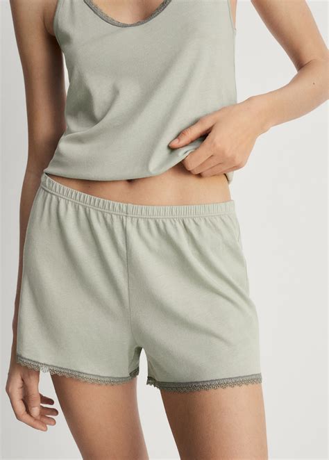 Cotton Pajama Shorts With Lace Contrast Women Mango Usa