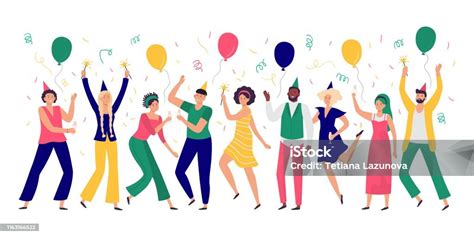 축하하는 사람들 젊은 남자와 여자 댄스 에 축하 파티 즐거운 풍선 과 색종이 벡터 일러스트 파티에 대한 스톡 벡터 아트 및 기타 이미지 Istock