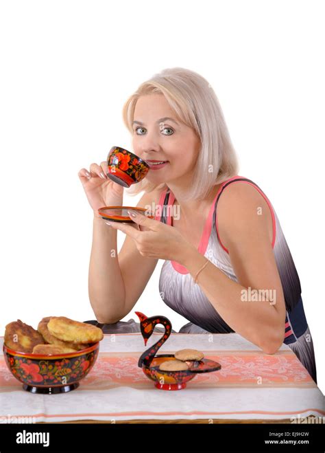 The Blonde Drinks Tea Stock Photo Alamy