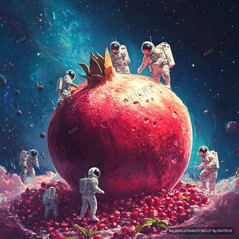 Ai创作图石榴文创图 海报合成设计 火箭苹果主图 火箭苹果详情 创意水果图 火箭红苹果 火箭苹果图片 石榴插画包装 宇宙3d画 石榴籽精神小品 3d宇宙壁画 逼真的水果艺术 3d宇宙立体画