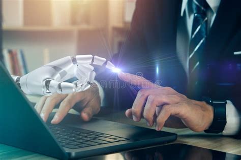 Technology Meets Humanity Cyborg Finger Touching Human Finger Ai Technology Development Stock