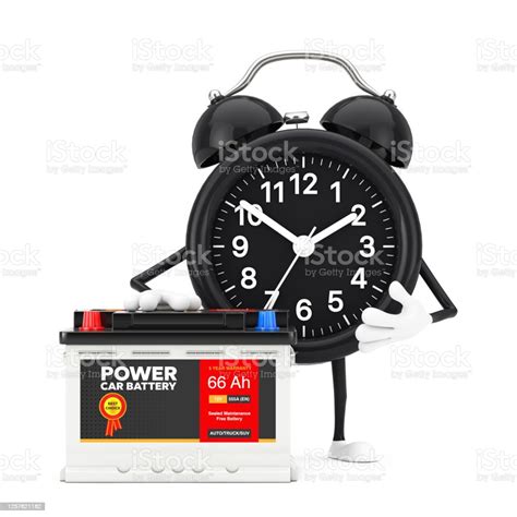추상 라벨이 있는 알람 시계 캐릭터 마스코트 및 충전식 자동차 배터리 12v 오퍼마 3d 렌더링 0명에 대한 스톡 사진 및 기타 이미지 Istock