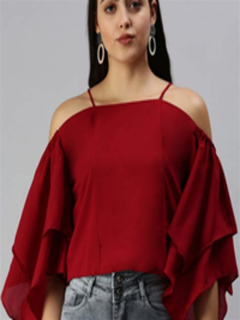 Buy Showoff Square Neck Cold Shoulder Sleeves Crepe Crop Top Tops For Women 22334354 Myntra