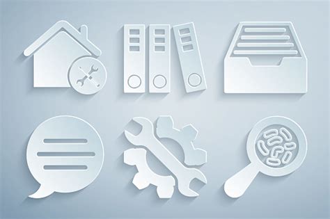 렌치와 기어 문서 음성 버블 채팅 돋보기 아래 미생물 사무실 폴더 및 하우스 서비스 아이콘서랍을 설정합니다 벡터 0명에 대한 스톡 벡터 아트 및 기타 이미지 Istock