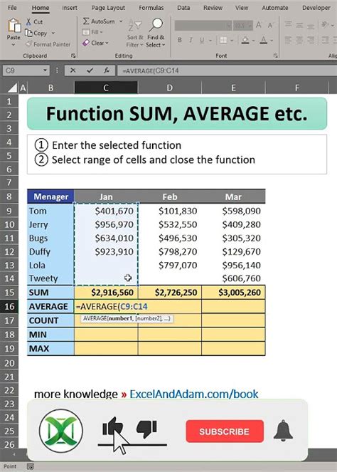 Sum Average Count Min And Max Functions Excel In A Minute 32 Youtube