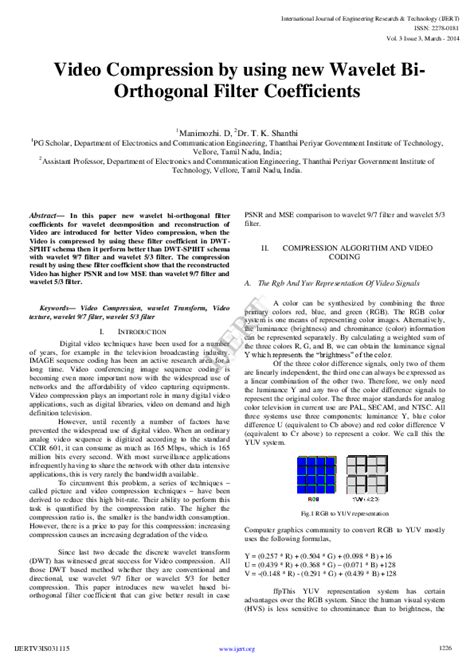 Pdf Ijert Video Compression By Using New Wavelet Bi Orthogonal Filter Coefficients Ijert